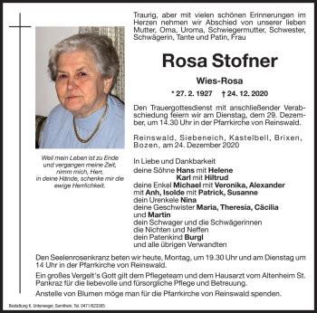 Traueranzeigen Von Rosa Stofner Trauer Bz