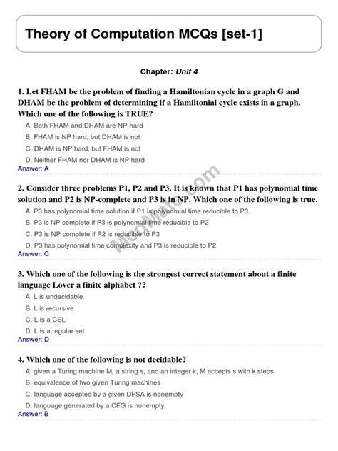 theory of computation chapter unit 4 solved mcqs set 1 pdf time complexity computer