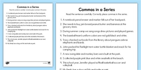 Commas In A Series Activity Ela Teaching Resource