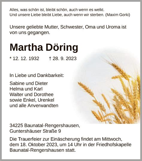 Traueranzeigen von Martha Döring Trauer HNA de