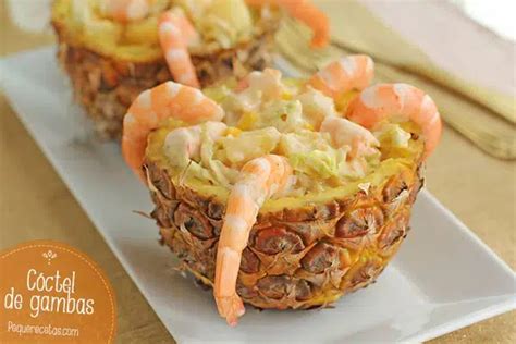 Cóctel de gambas receta fácil con piña natural rellena PequeRecetas