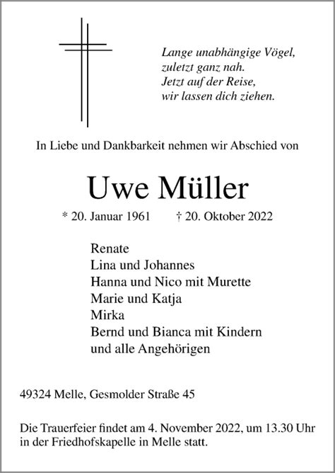 Traueranzeigen von Uwe Müller noz Trauerportal