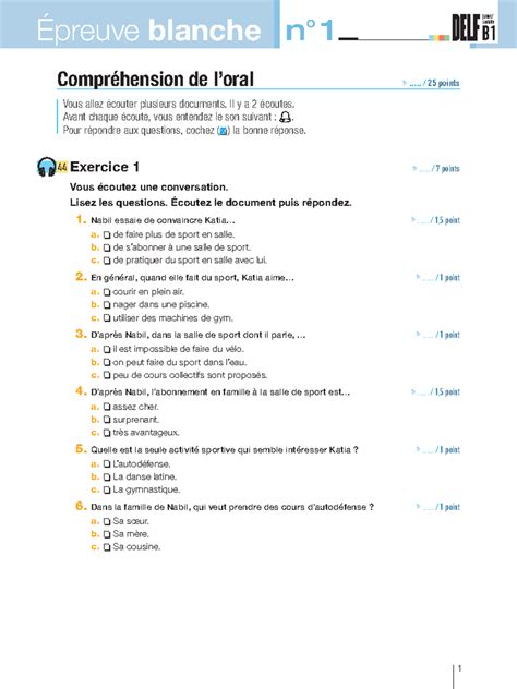 DELF B1 SJ NF Epreuve blanche 1 B junior scolaire Épreuve blanche n