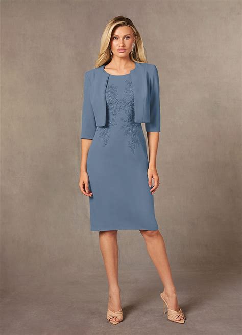 Dusty Blue Azazie Ryne Sheath Lace Knee Length Dress Azazie