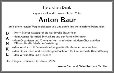 Traueranzeigen von Anton Baur Allgäuer Zeitung