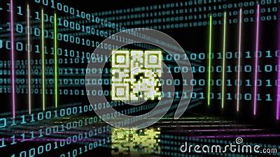 Animation Of Yellow Qr Code And Neon Lights Over Binary Data Processing