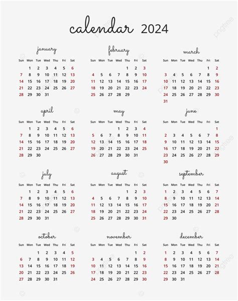 Calendário 2024 Vetor PNG Calendário Calendário Simples Ano Novo