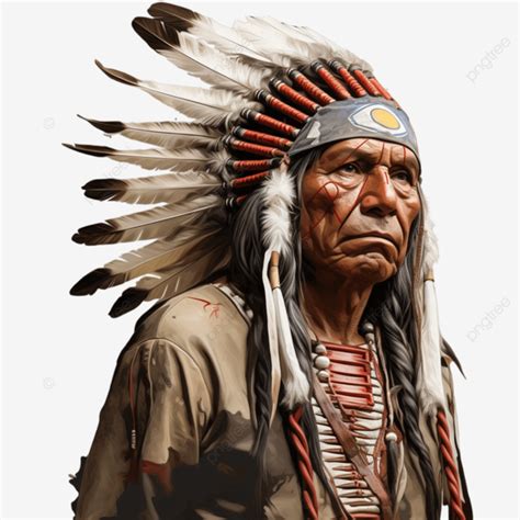 Portrait Of An Indian Man With Feathers On His Head A White Background
