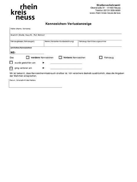 Fillable Online Rhein Kreis Neuss Kennzeichen Verlustanzeige Neudoc