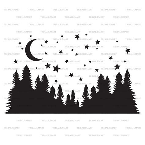Starry Night Forest Night Moon And Stars Silhouette Etsy Singapore