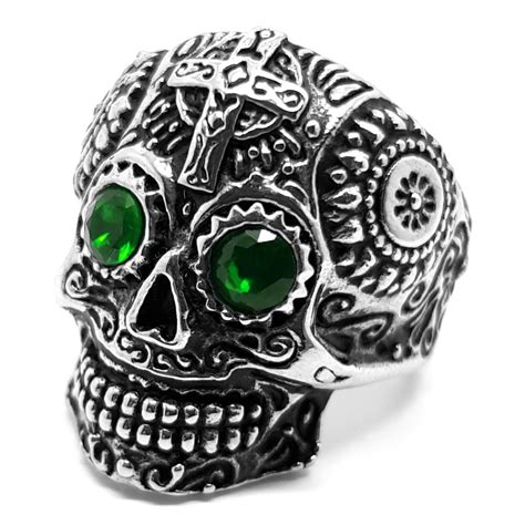 Bague tête de mort mexicaine Acier inoxydable Argent Yeux verts
