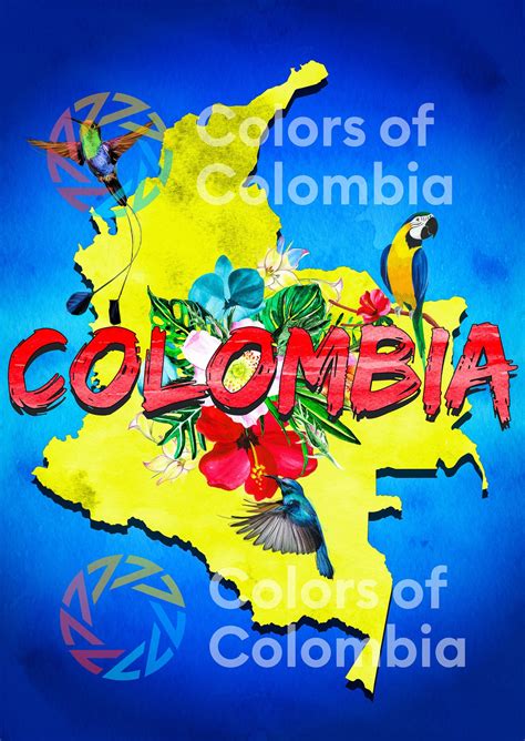 Mapa De Colombia En Acuarela Ilustrado Con Aves Y Flores Tropicales