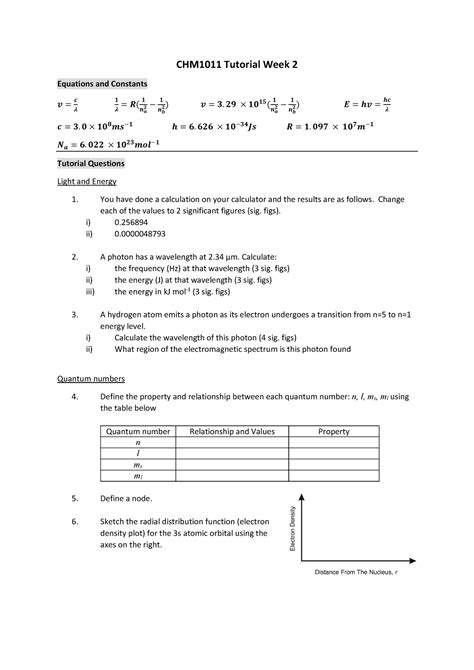 week 2 tutorial questions chm1011 tutorial week 2 equations and constants 풗 풄 흀 ퟏ 흀 푹 ퟏ 풏풂