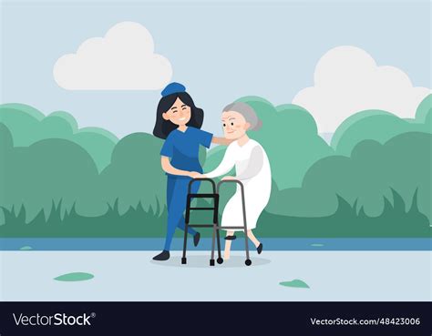 Nurse Helps Her Grandmother To Go To The Walker Vector Image