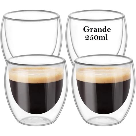 Jogo de Copos Xícaras Parede Dupla Vidro Grande 250ml kit 4 Escorrega