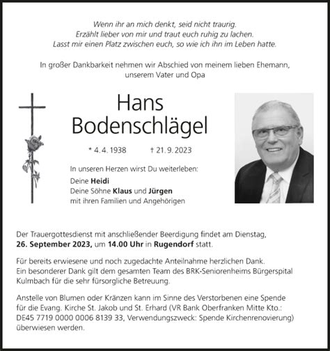 Hans Bodenschlägel Traueranzeige trauer inFranken de