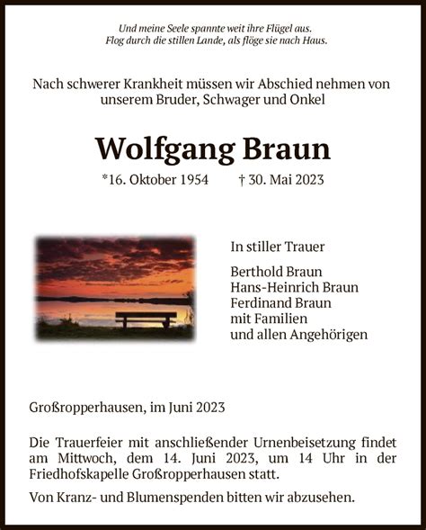 Traueranzeigen Von Wolfgang Braun Trauer HNA De