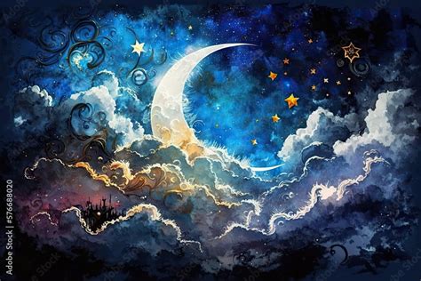 Fantasy Clouds Stars And A Crescent Moon Paint A Watercolor Sky In A