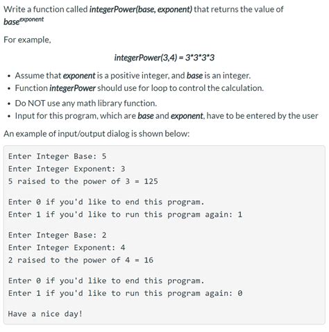 solved write a function called integer power base exponent