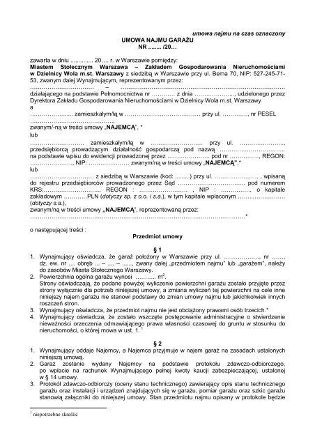 wzÃ³r umowy najmu garaÅ¼u ZGN Wola