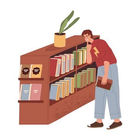 Lector eligiendo libro en librería o biblioteca imagen vectorial de