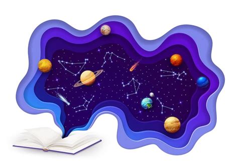 Papel Espacial Cortado Con Libro Abierto Planetas Galaxia Vector Premium
