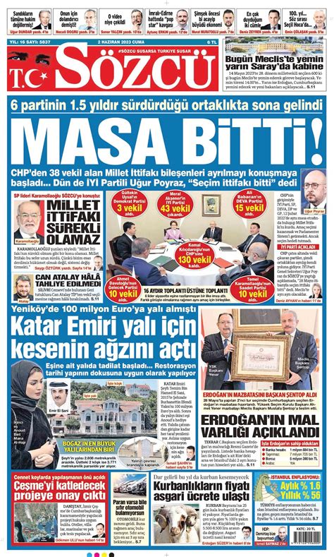 Sözcü Gazetesi 2 Haziran 2023 Cuma Günü Manşeti
