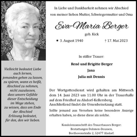 Traueranzeigen Von Eva Maria Berger Aachen Gedenkt