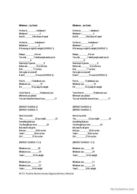 Whatever Oasis Song And Nursery Rh Fran Ais Fle Fiches Pedagogiques