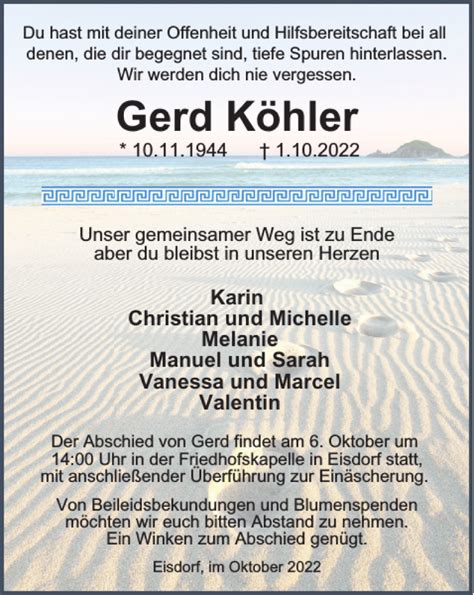 Traueranzeigen von Gerd Köhler Harztrauer de
