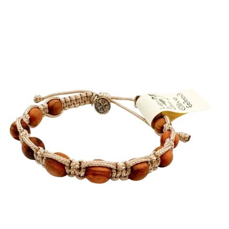 Pulsera denario Medalla San Benito madera de olivo cordón beige