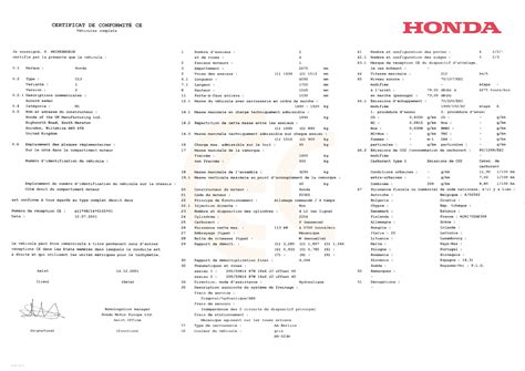 Certificat de conformité HONDA COC HONDA EUROCOC