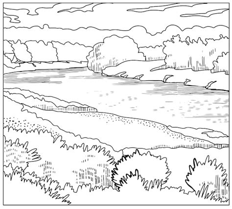 Livro para colorir linda paisagem rio e árvores fundo de linha de arte
