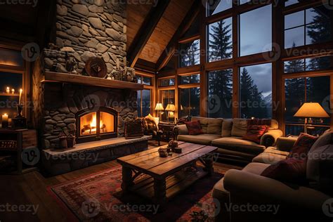 A Cozy Living Room With Fireplace On The Background Of A Mountain