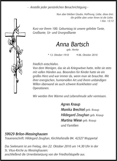 Traueranzeigen Von Anna Bartsch Trauer In NRW De