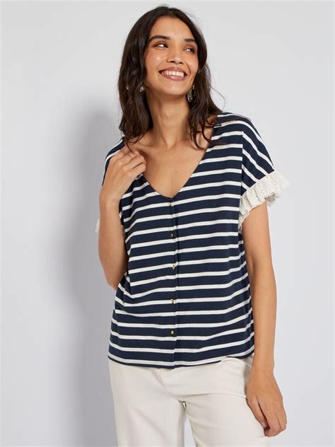 Tee shirt marinière avec manches brodées Marine blanc Kiabi 2 40