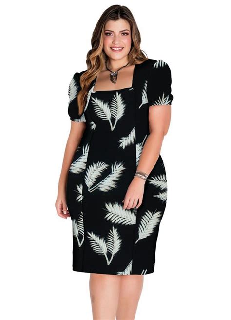 Vestido Mangas Princesa Folhagem Preta Plus Size Marguerite