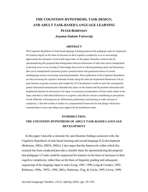 pdf the cognition hypothesis task design and adult task based language learning