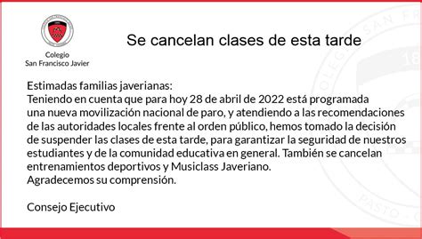 Atención se suspenden clases esta tarde de Jueves 28 abril Colegio