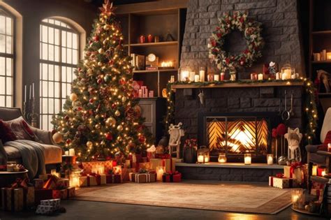 Premium AI Image Cosy Living Room With Fireplace And Christmas Tree