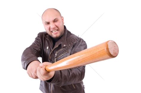 Man Holding Baseball Bat In Violent Manner On White Background Picture