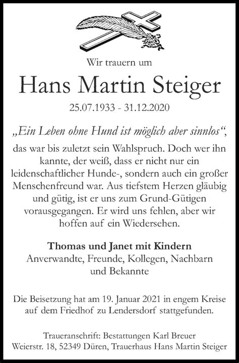 Traueranzeigen Von Hans Martin Steiger Aachen Gedenkt