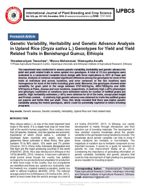 genetic variability heritability and genetic advance analysis in upland rice oryza sativa l