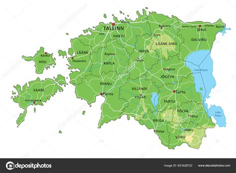 ラベル付きの非常に詳細なエストニアの物理的な地図 ストックベクター delpieroo 651628722