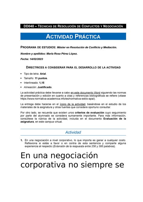 DD040 Caso práctico DD040 TÉCNICAS DE RESOLUCIÓN DE CONFLICTOS Y