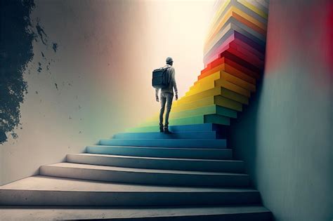 Premium Photo Man Going Up The Rainbow Colored Stairs