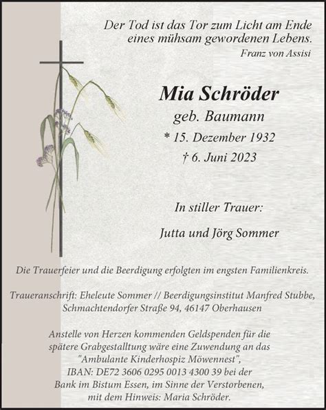 Traueranzeigen von Mia Schröder Trauer in NRW de