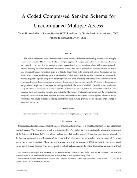 pdf a coded compressed sensing scheme for uncoordinated multiple access
