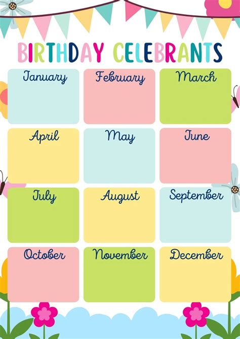 A Birthday Calendar With Flowers And Buntings