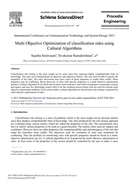 pdf multi objective optimization of classification rules using cultural algorithms